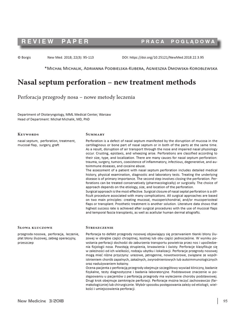 Nasal Septum Perforation - New Treatment Methods: Review Paper | PDF