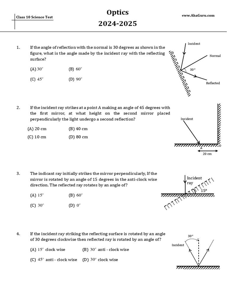 Test 1 On Optics | PDF | Mirror | Reflection (Physics)