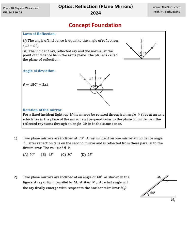 Optics Worksheet WS-24.P10.01 | PDF | Reflection (Physics) | Mirror