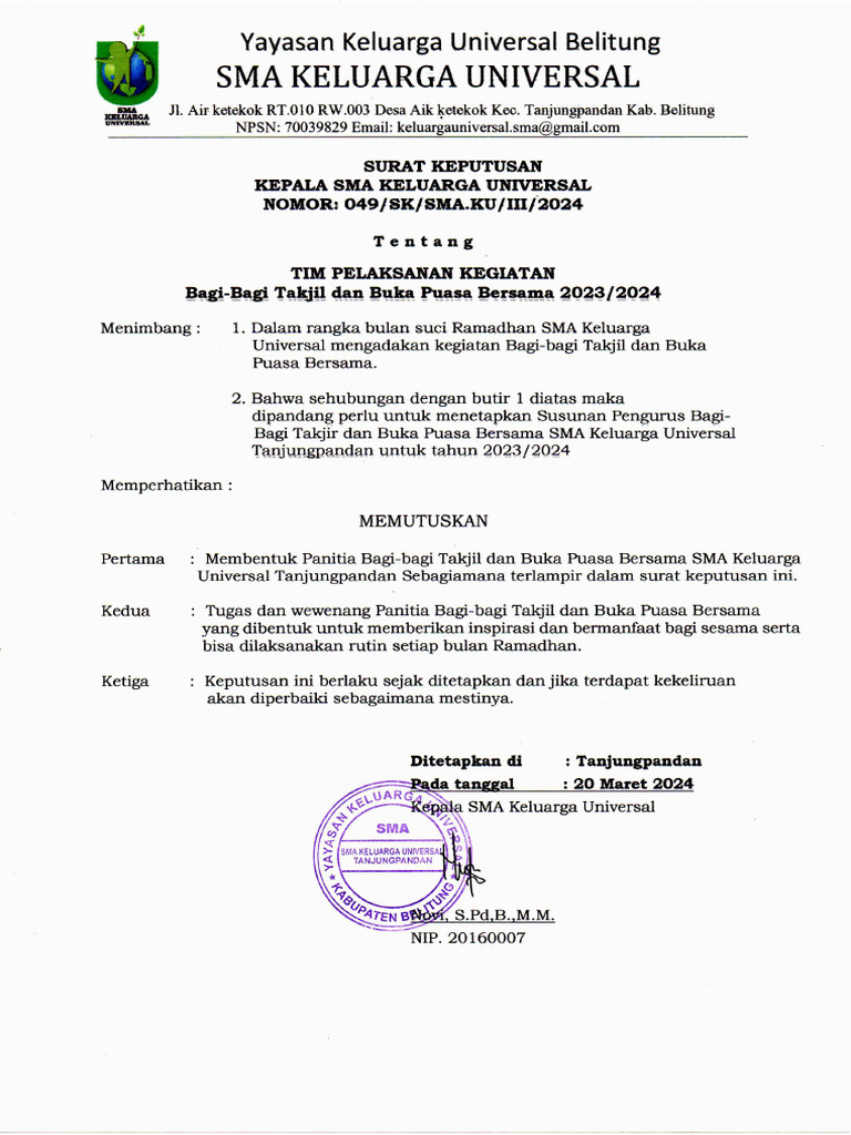 SK Tim Pelaksaan Bagi Takjil Dan Buka Bersama TH 2024 | PDF