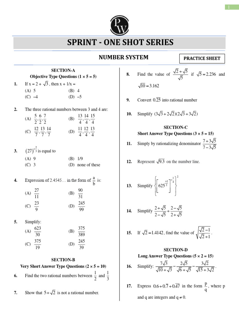 Practice Sheet - Number System - SPRINT-ONE SHORT - Mehak Mam Sir ...
