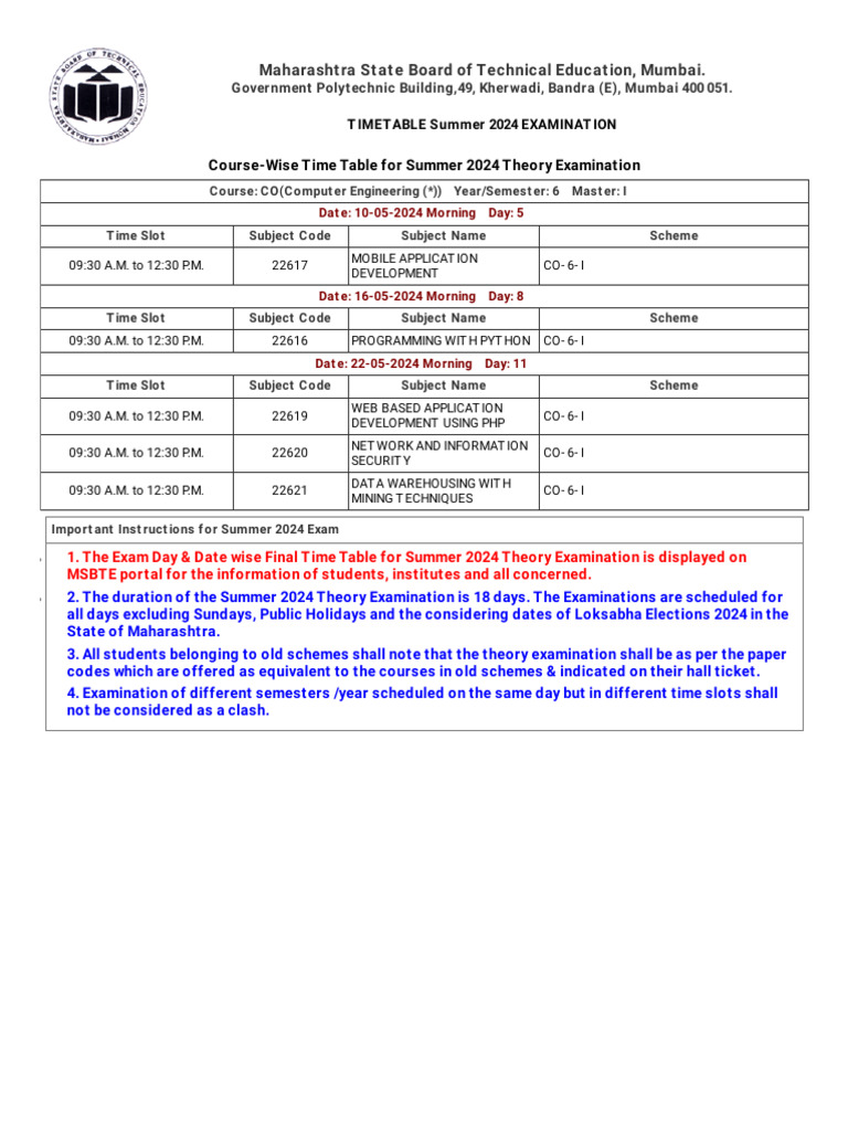 Time Table for Summer 2024 Theory Examination | PDF