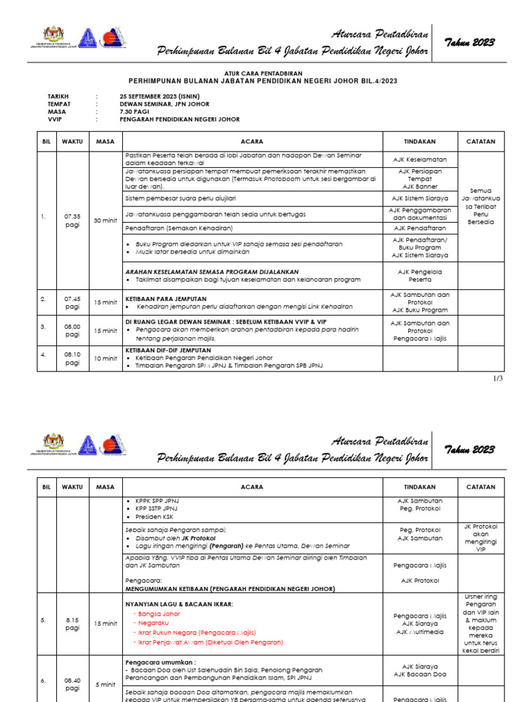 Aturcara Pentadbiran Perhimpunan Bulanan JPNJ 2023 | PDF