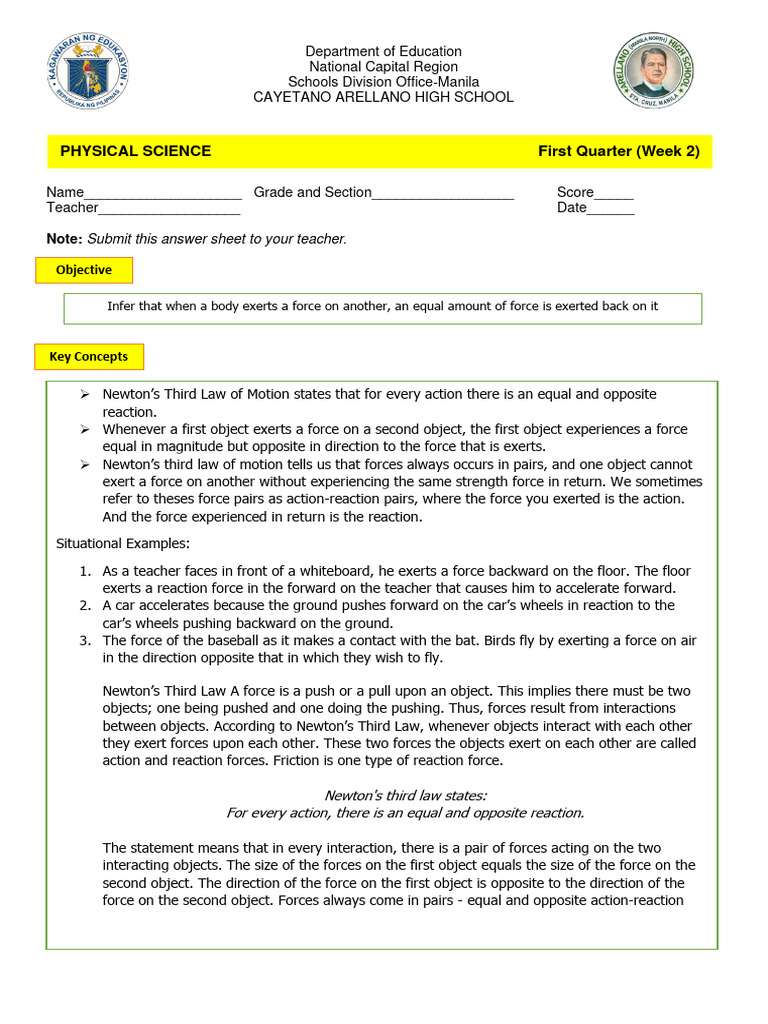 Worksheet Third Law of Motion | PDF | Force | Newton's Laws Of Motion