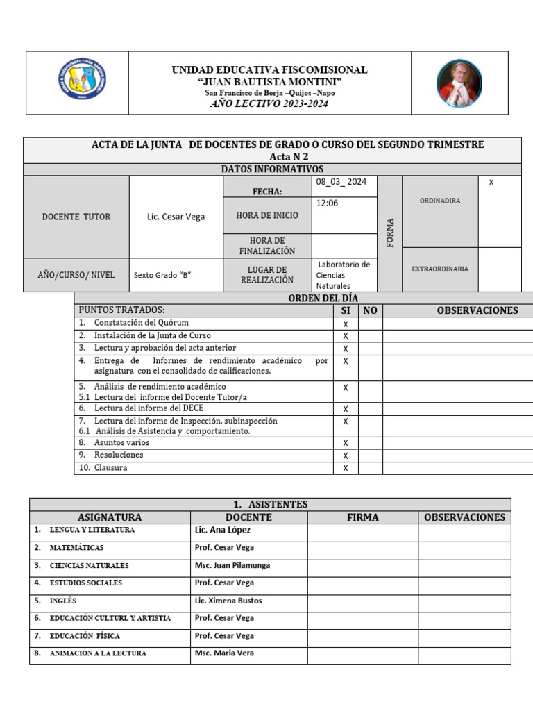 Acta de Junta Segundo Trimestre 2023-2024 Sexto B | PDF | Maestros | Science