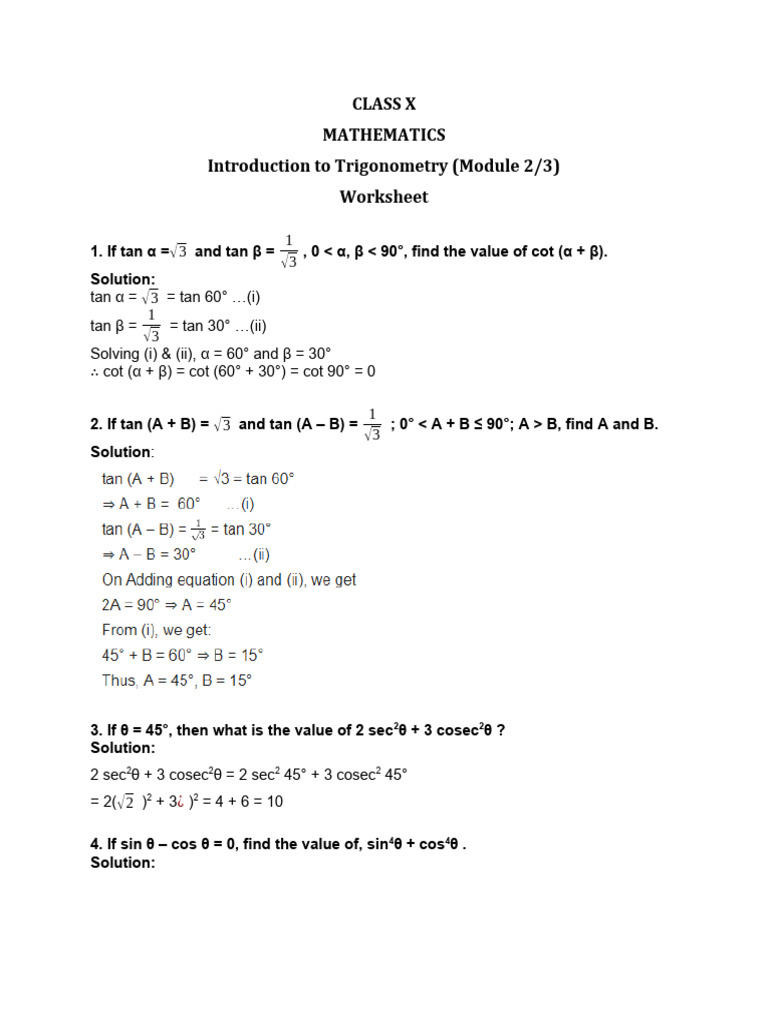 CLASS 10, MATHS, INTRO TO TRIGONOMETRY, MODULE 2 BY 3, WORKSHEET, MUM2 | PDF