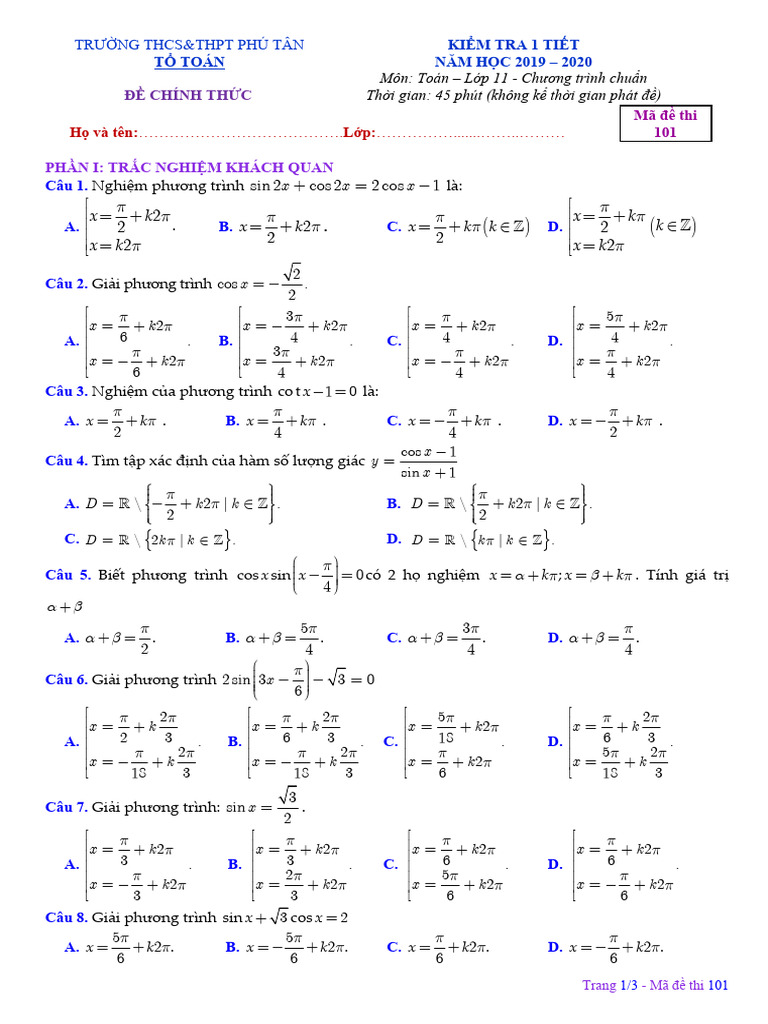 De Kiem Tra 1 Tiet DSGT 11 Chuong 1 Nam 2019 2020 Truong Phu Tan An Giang | PDF