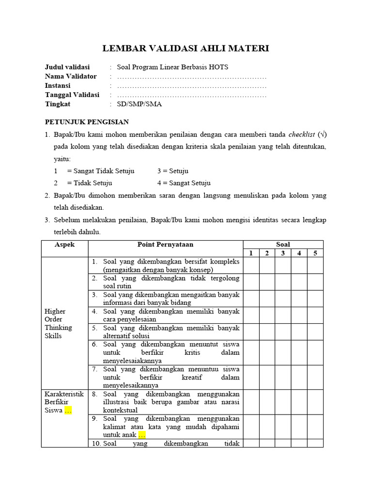 Lembar - Validitas - Soal (Ahli) | PDF