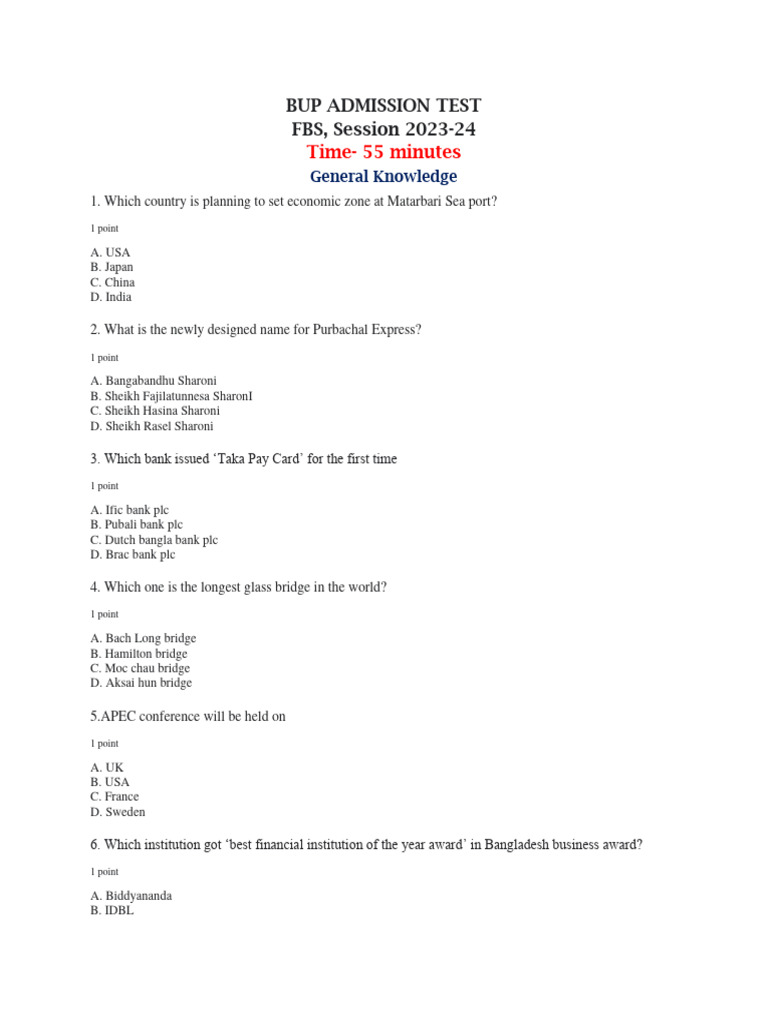 BUP ADMISSION TEST | PDF | Bangladesh