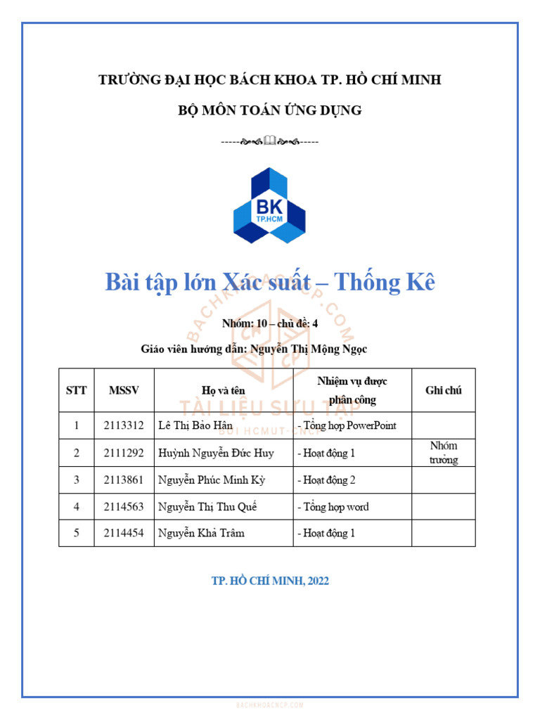 Báo cáo BTL Xác Suất Thống Kê - nhóm 10 - L15 | PDF