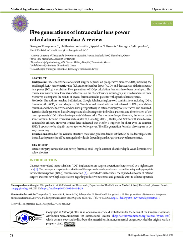 Five Generations of Intraocular Lens Power Calcula | Download Free PDF ...