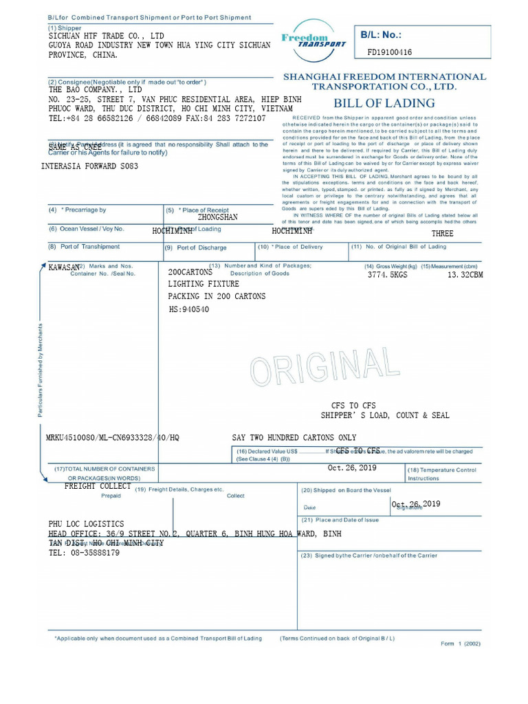 HBL COPY FOR pick up mẫu | PDF