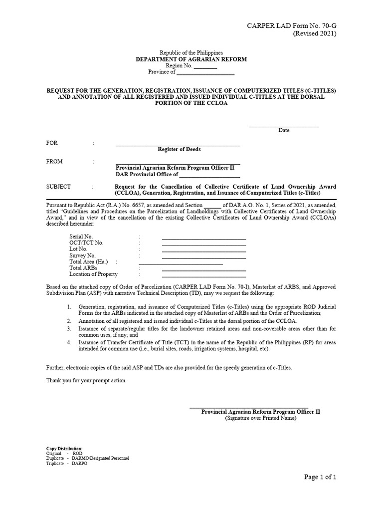 CARPER-LAD-FormNo.70-G RQST FOR GNRTN RGSTRN ISSUANCE FEB2021 | PDF ... CARPER-LAD-FormNo.70-G RQST FOR GNRTN RGSTRN ISSUANCE FEB2021 | PDF ...