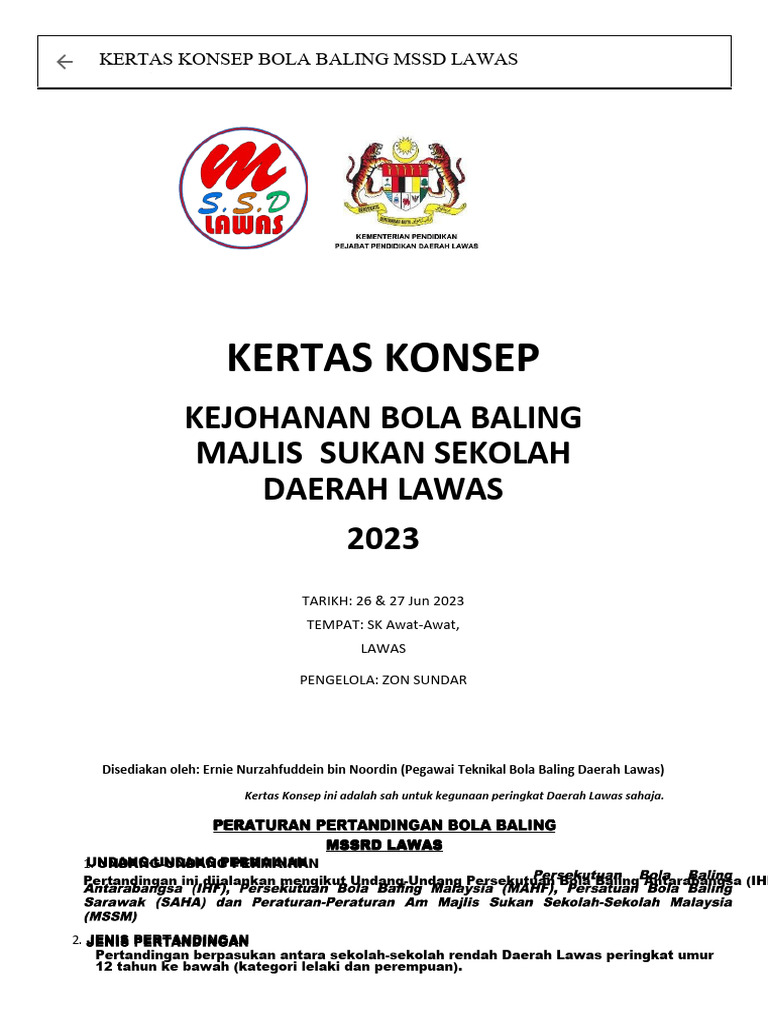 Kertas Konsep Bola Baling MSSD Lawas 2023 | PDF