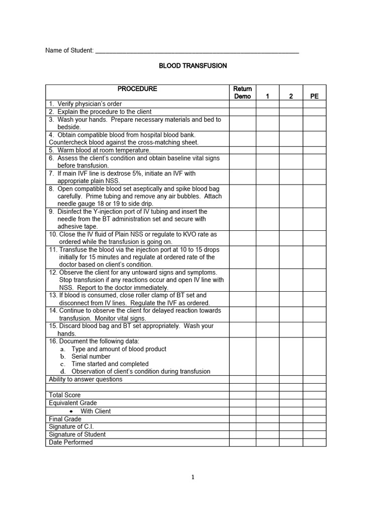 RLE Procedure NCM 109 | PDF | Intravenous Therapy | Blood Transfusion
