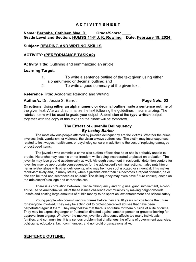 Sentence Outline Woeksheet | PDF | Juvenile Delinquency | Crimes
