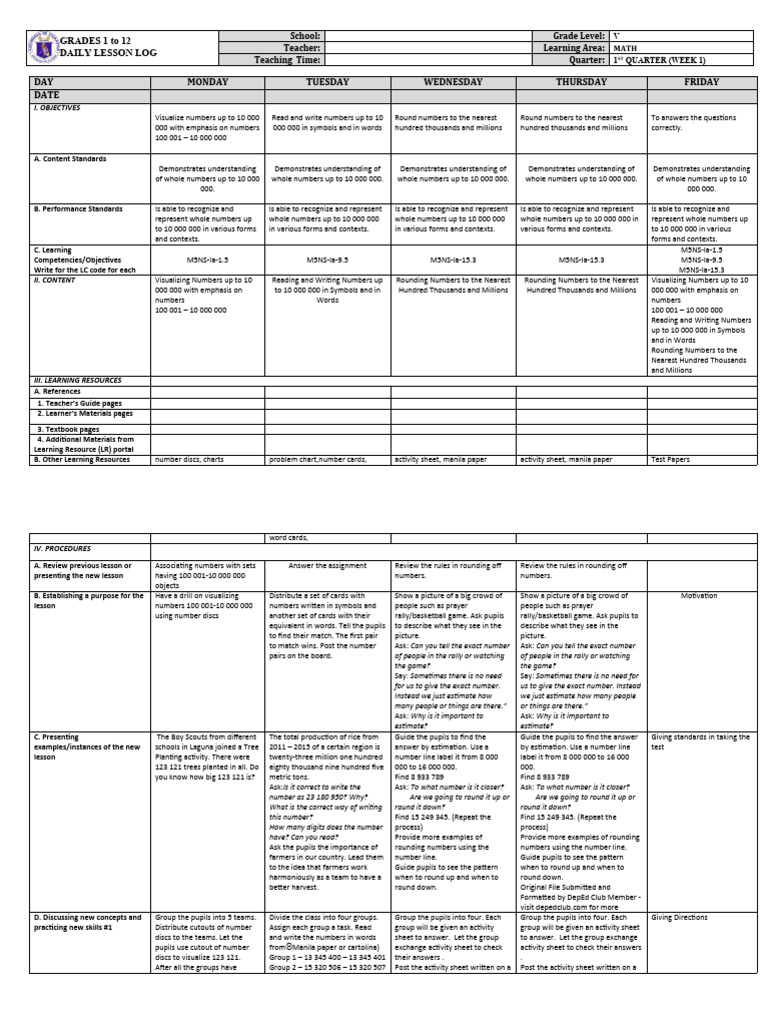 DLL - Math 5 - Q1 - W1 | PDF | Learning | Cognition