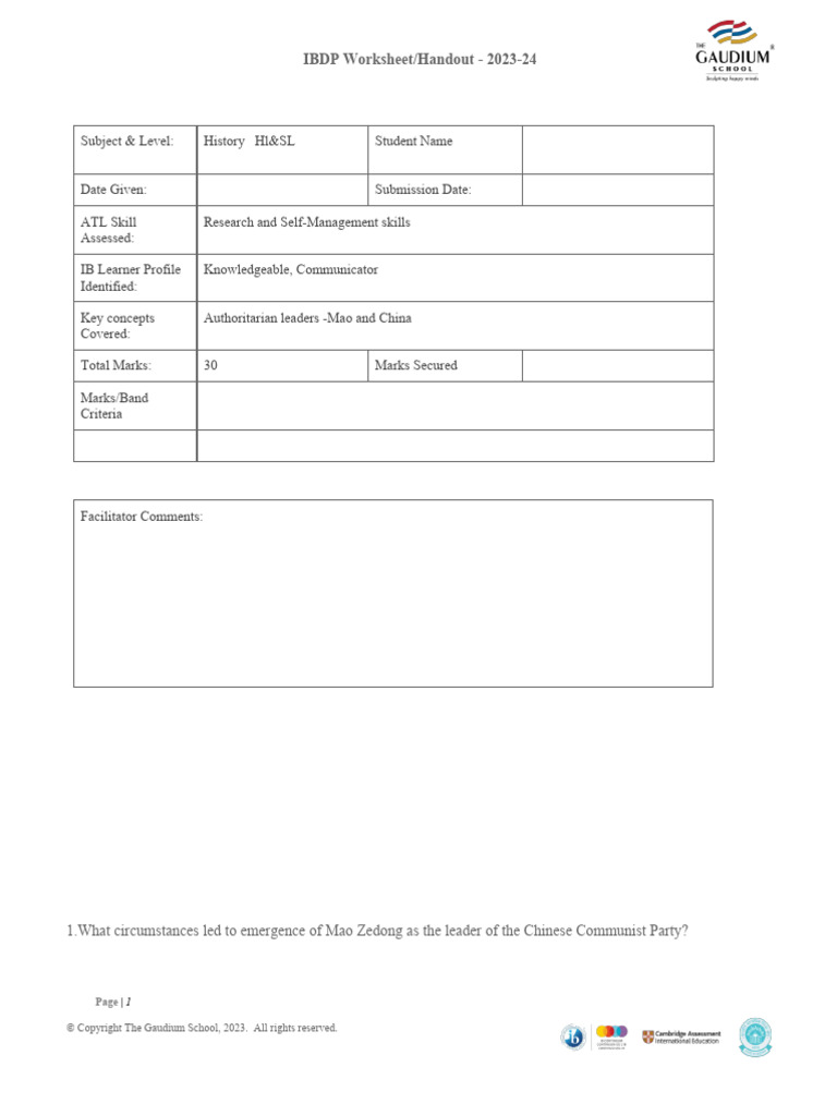 IBDP Mao Worksheet | PDF | China | World Politics