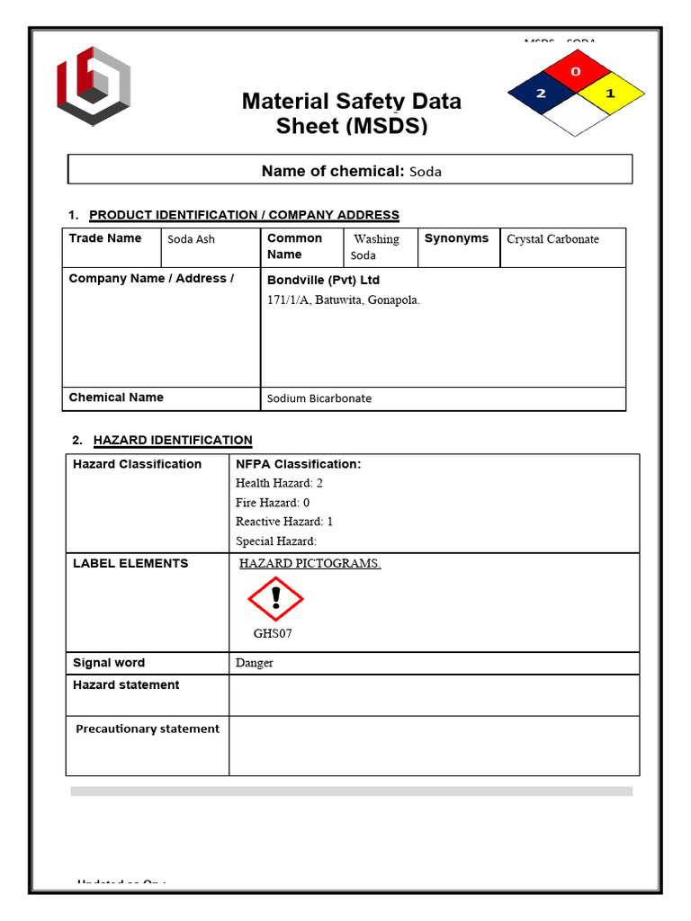 Sada ASh MSDS | PDF | Sodium Bicarbonate | Biodegradation