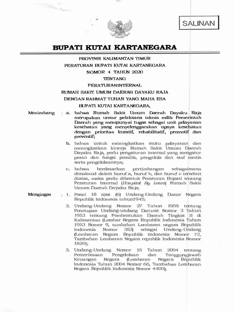 Perbup Kukar 04-2020 TTG Peraturan Internal RSUD Dayaku Raja | PDF
