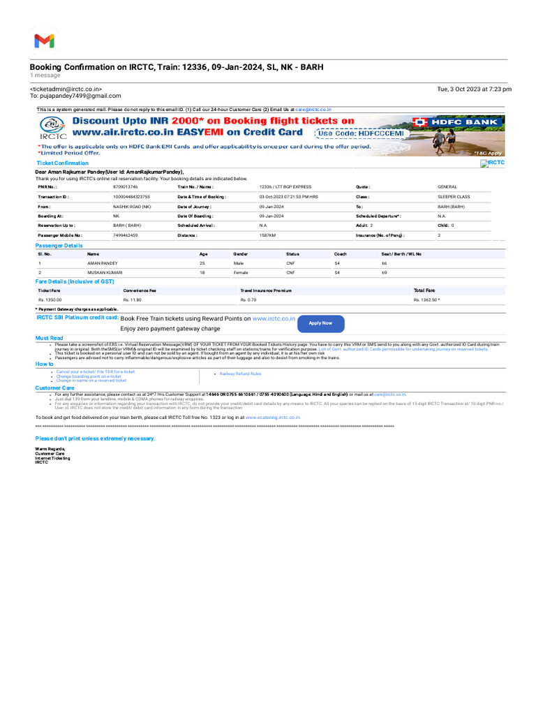 Gmail - Booking Confirmation On IRCTC, Train - 12336, 09-Jan-2024, SL, NK - BARH | PDF | Service ...