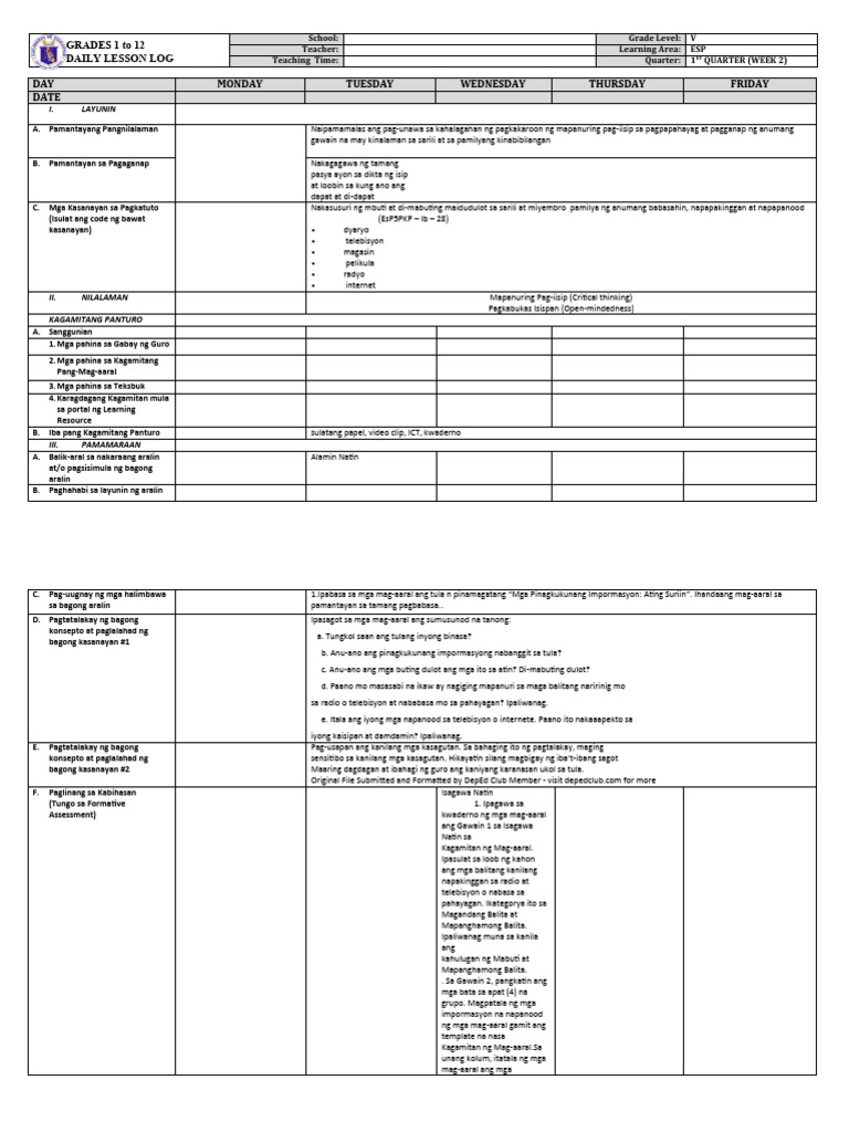 DLL - Esp 5 - Q1 - W2 | PDF