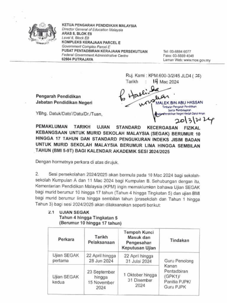 Surat Pemakluman Kpm -Ujian Segak Bmi5-9t 2024 | PDF