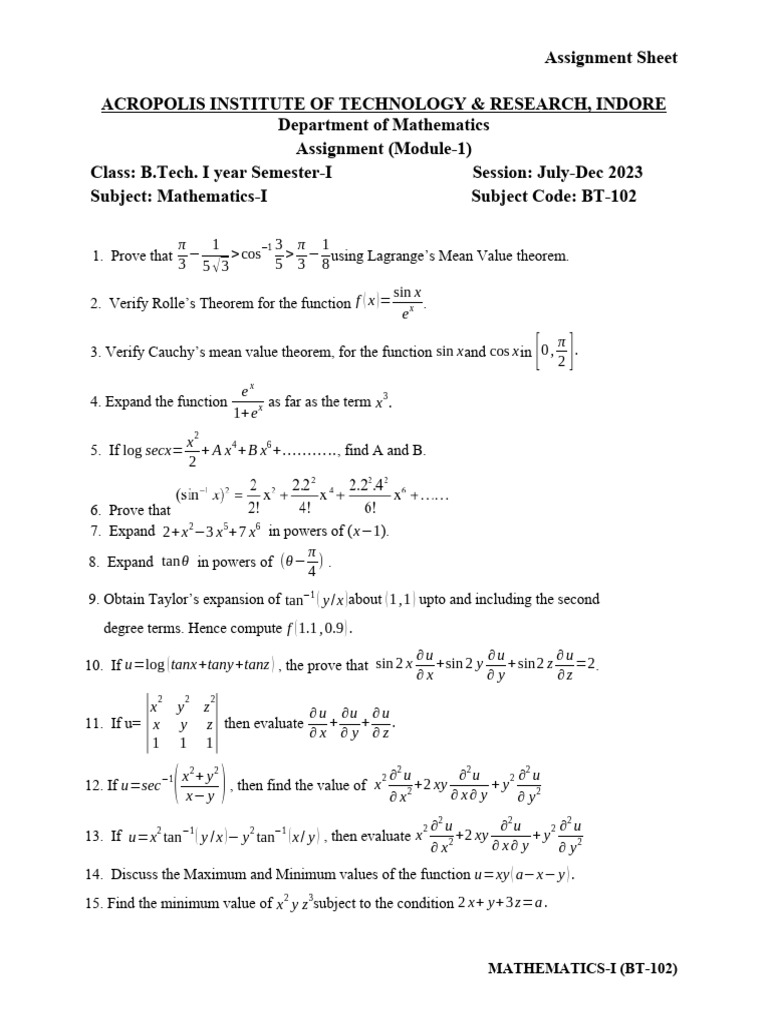 Assignment Sheet - BT 102 Mathematics I Module I | PDF | Calculus | Analysis