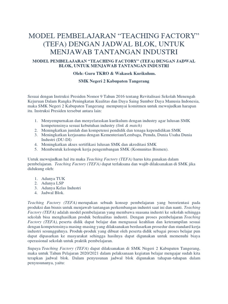 Model Pembelajaran Tefa Dan Jadwal Blok Tkro 2024 | PDF