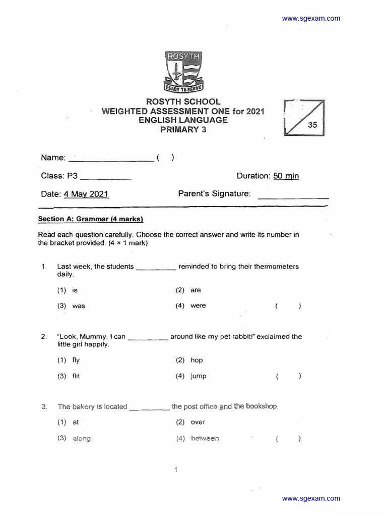2021-P3-English-Weighted Assessment 1-Rosyth | PDF