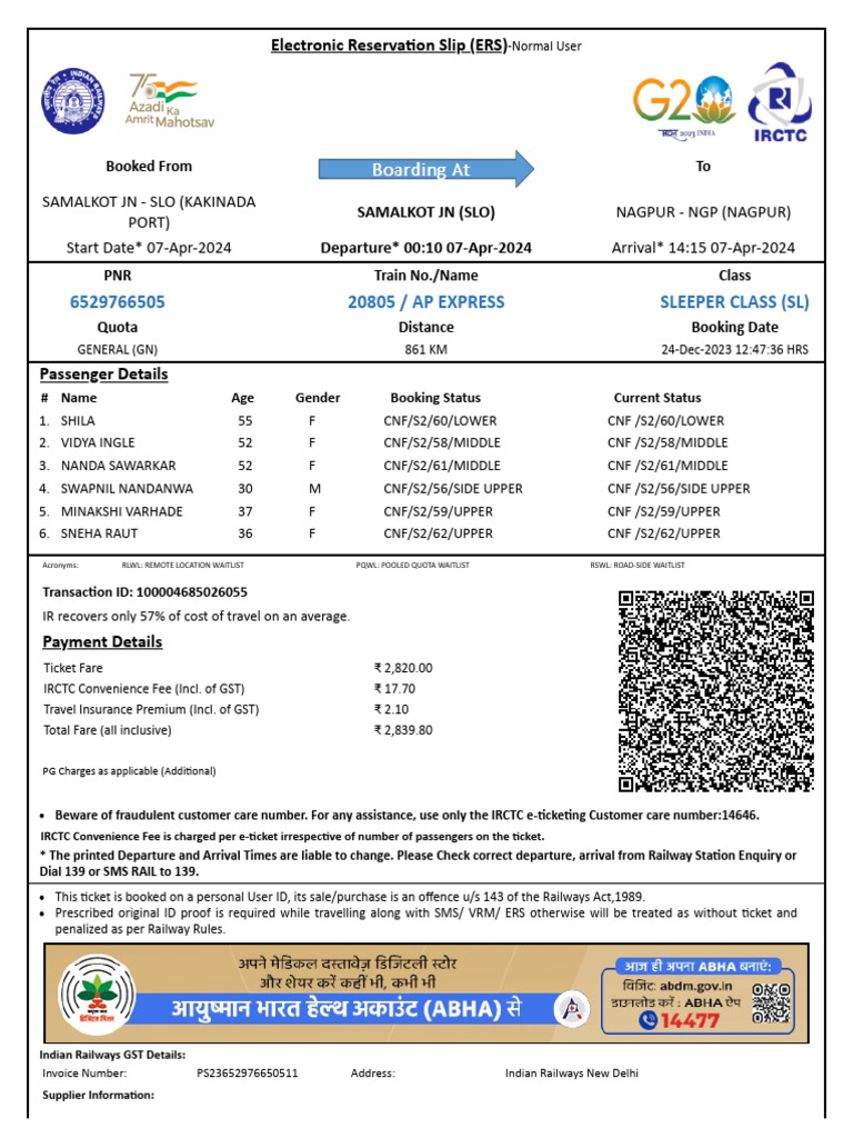AP EXPRESS Sleeper Class (SL) : Electronic Reserva On Slip (ERS) | PDF