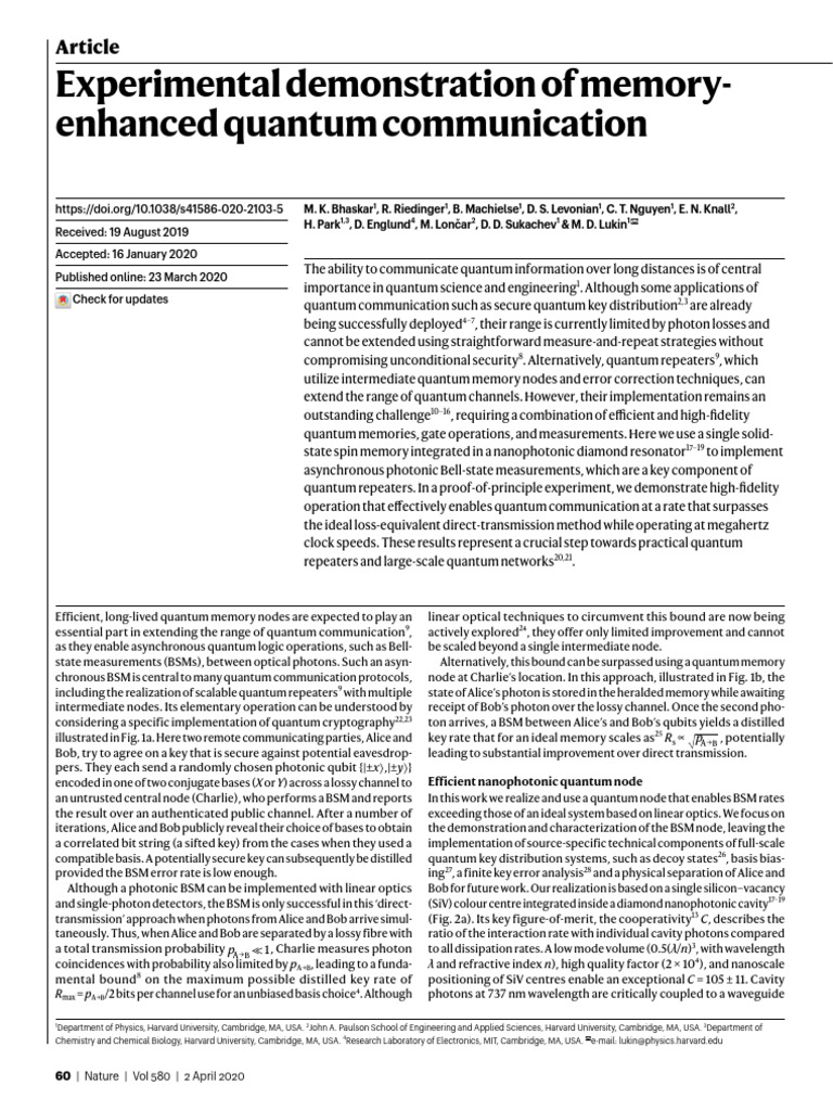 Experimental Demonstration of Memory Enhanced Quantum Communication | PDF | Photon ...