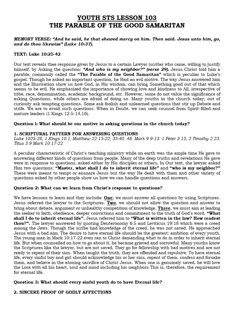 Youth Sts Lesson 103 - The Parable of The Good Samaritan | PDF | Jesus | Eternal Life (Christianity)