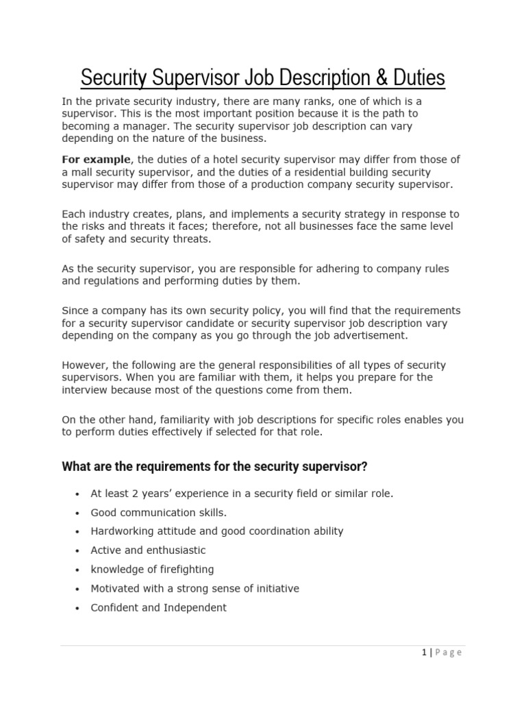 Security Supervisor Duties Guide | PDF | Supervisor | Police