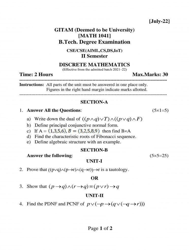 SEM II JULY 2022 discrete maths | PDF
