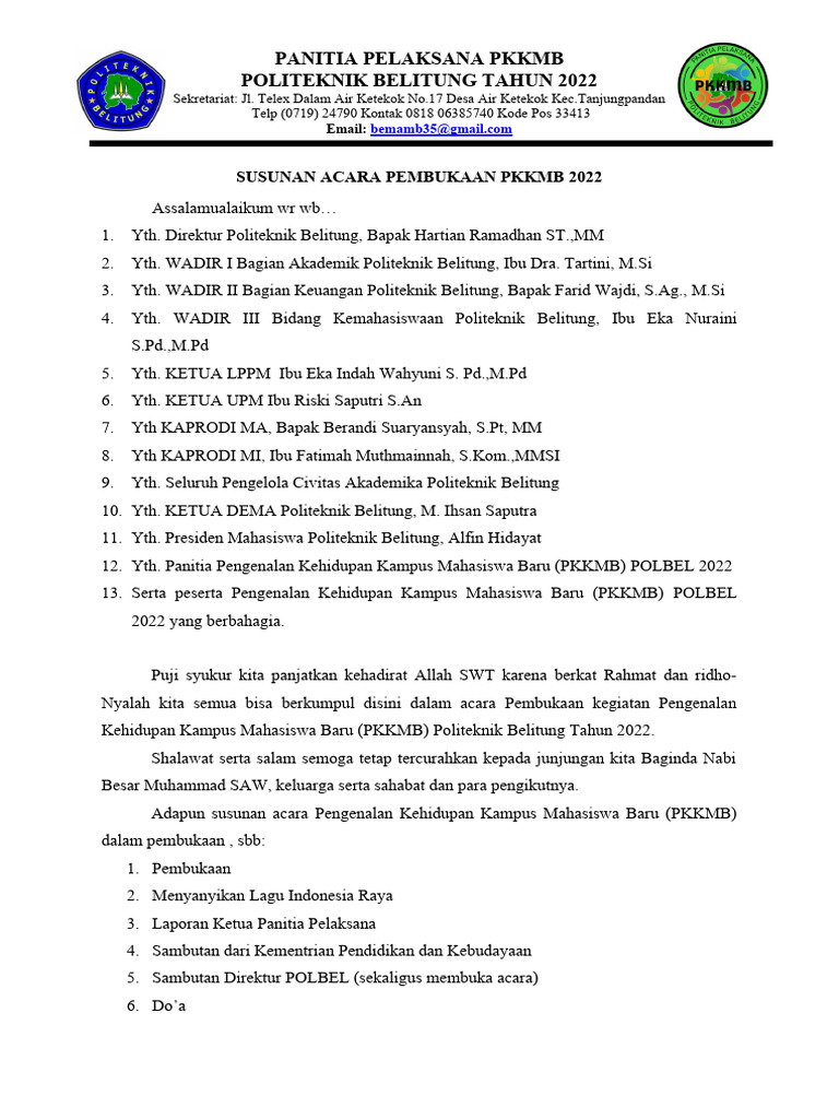 Susunan Acara Pembukaan PKKMB 2022 | PDF | Sains & Matematika