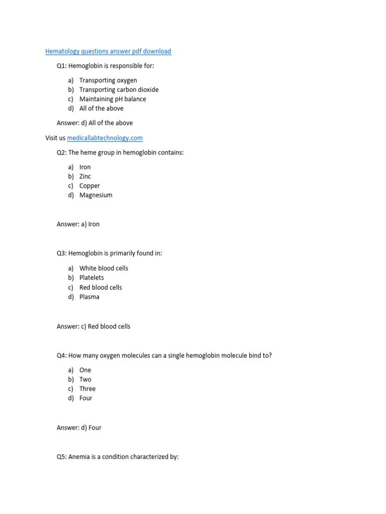 Hematology Questions Answer PDF Download | PDF | Hemoglobin | Blood