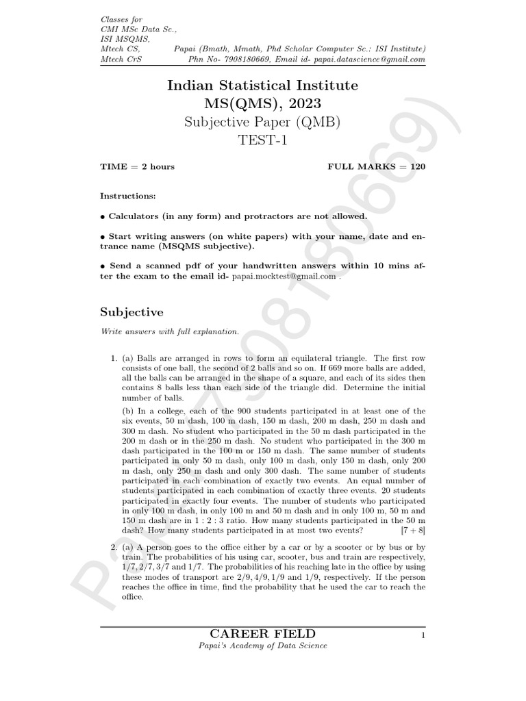 2023 ISI MSQMS Mock Test | PDF