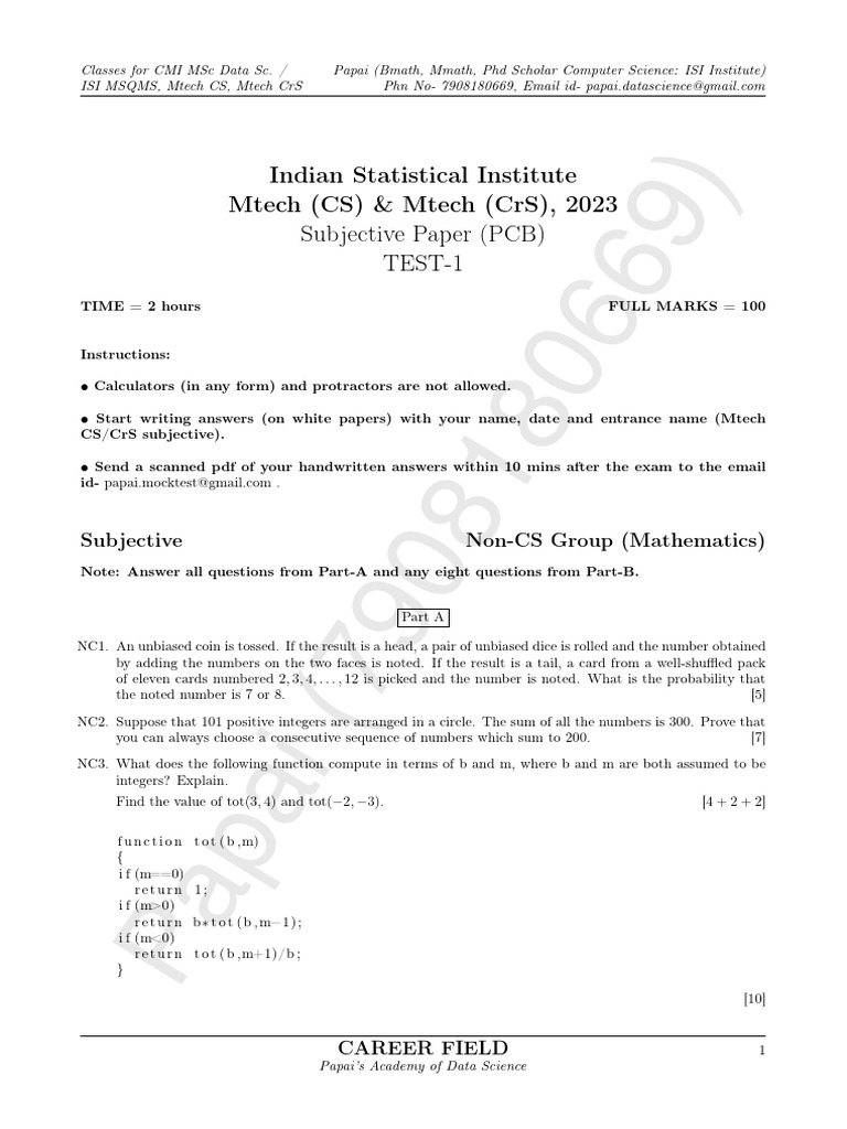 2023 ISI Mtech CS Mock Test | PDF | Discrete Mathematics | Mathematical ...