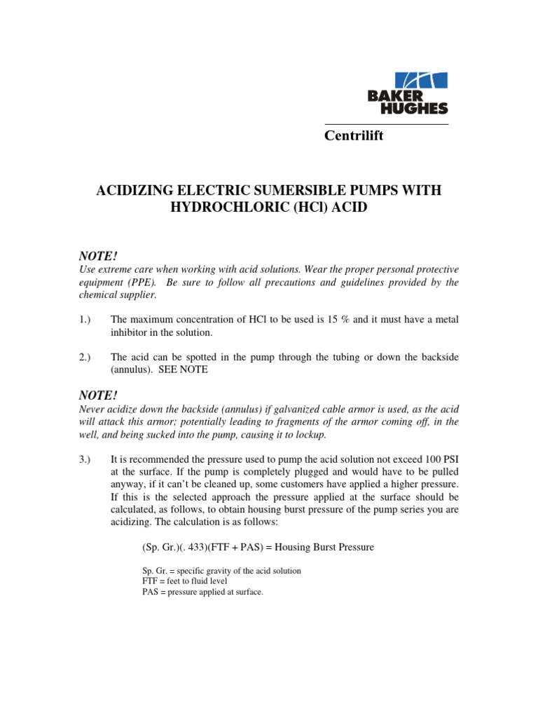 Acidizing ESP With HCL Acid | PDF | Hydrochloric Acid | Pump