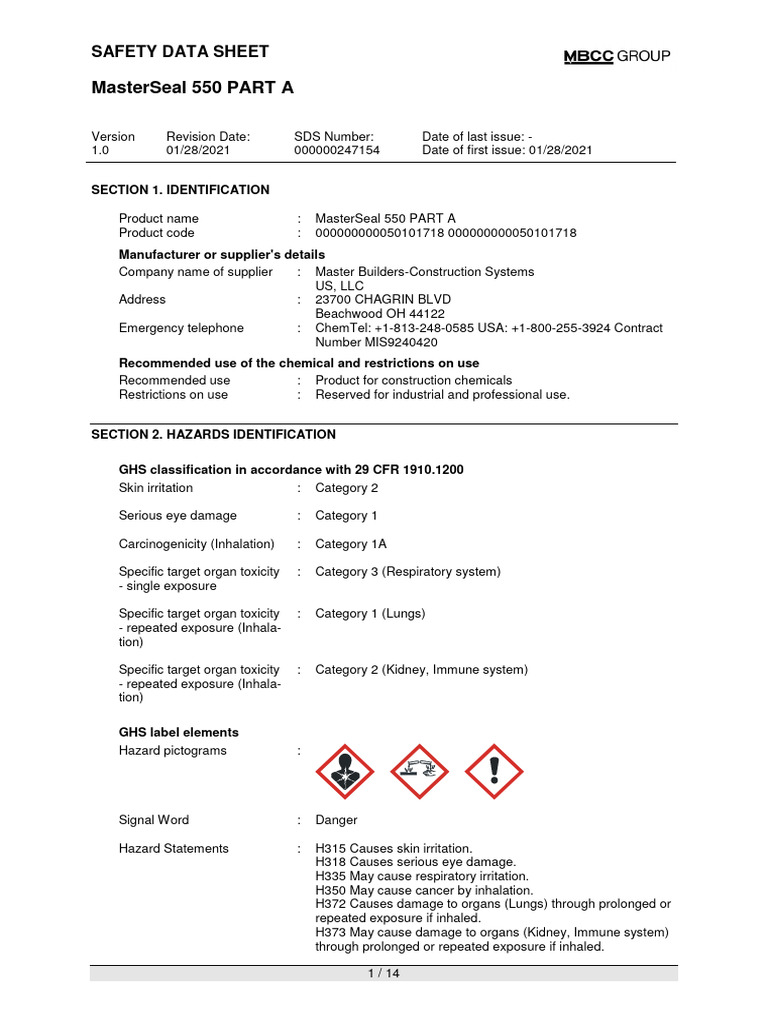 MasterSeal 550 SDS 2027549 | Download Free PDF | Occupational Safety ...