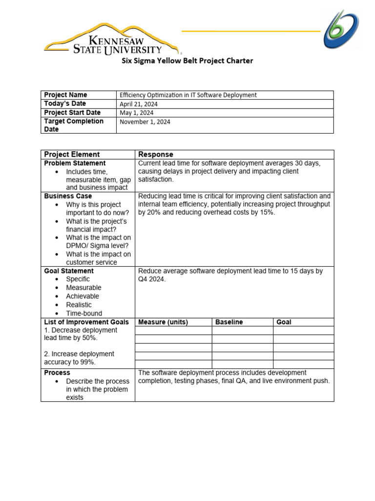 Six Sigma Yellow Belt Project Charter Template | PDF | Six Sigma ...