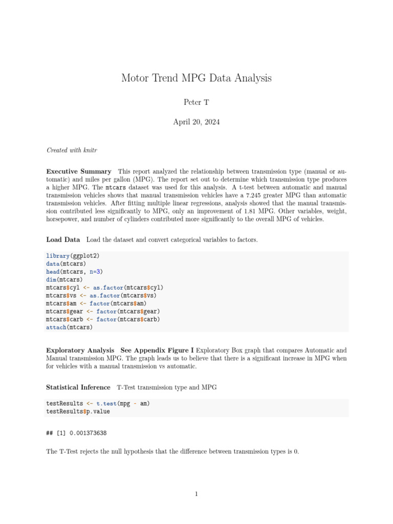 Motor Trend MPG Data Analysis | PDF | Fuel Economy In Automobiles | Errors And Residuals