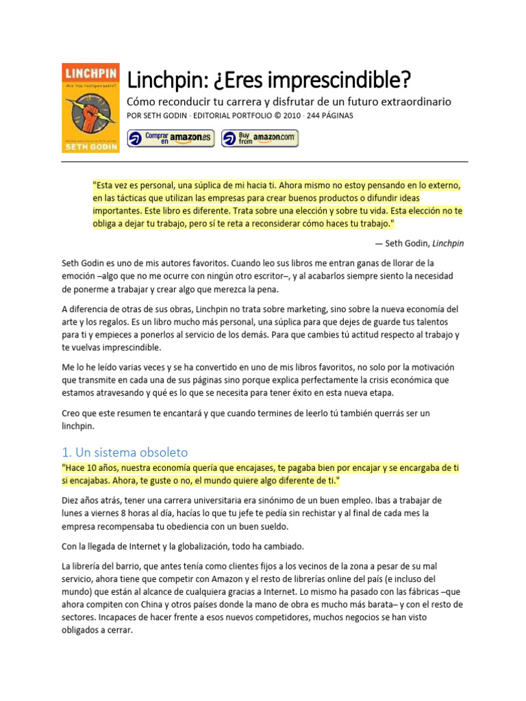 Linchpin: Sé Imprescindible en tu Trabajo | PDF | Business | Blog