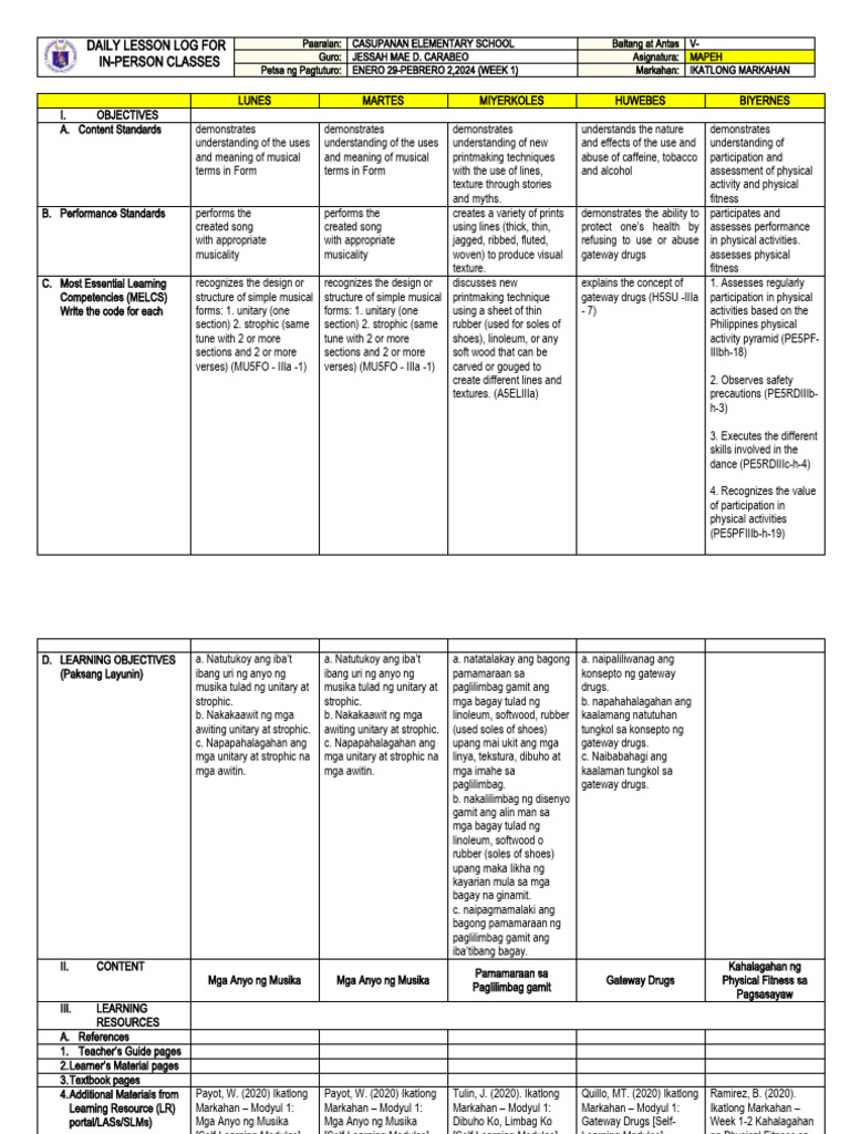 G5 Q3W1 DLL MAPEH (MELCs) | PDF
