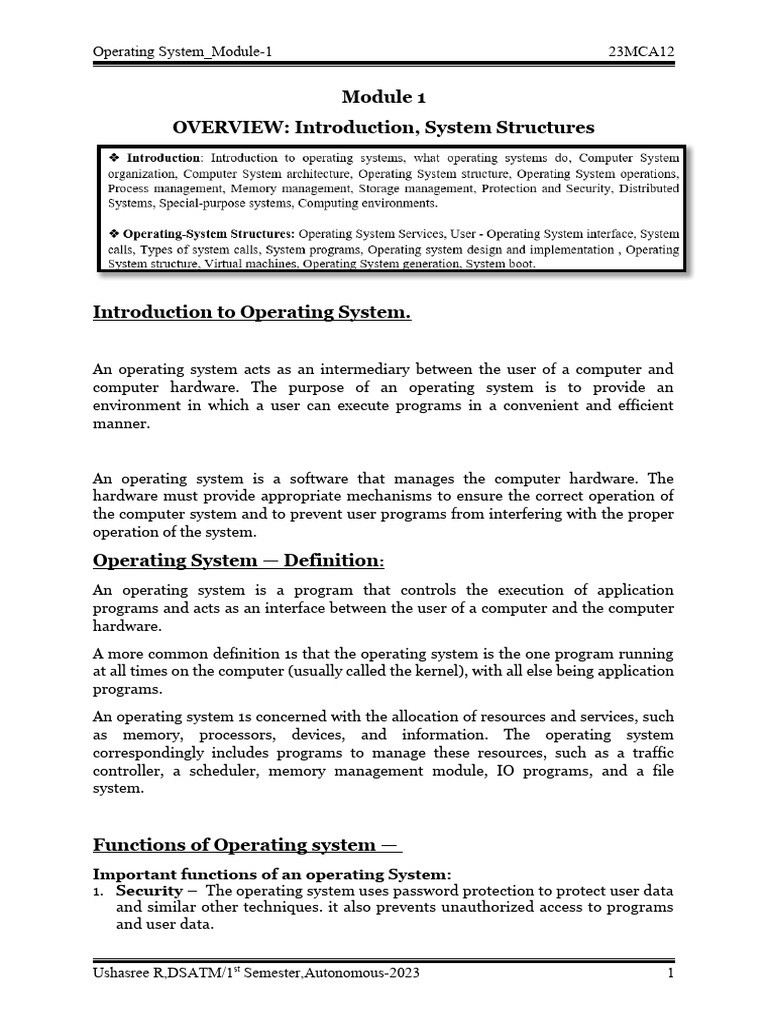 Operating System Module 1 For 1st Year MCA | PDF | Operating System | Computer Program