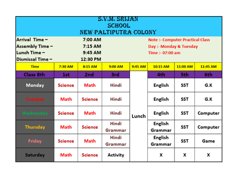 Class 8 Schedule and Timings | PDF