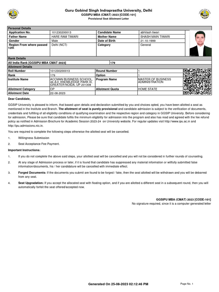 Seat Allotment Letter | PDF