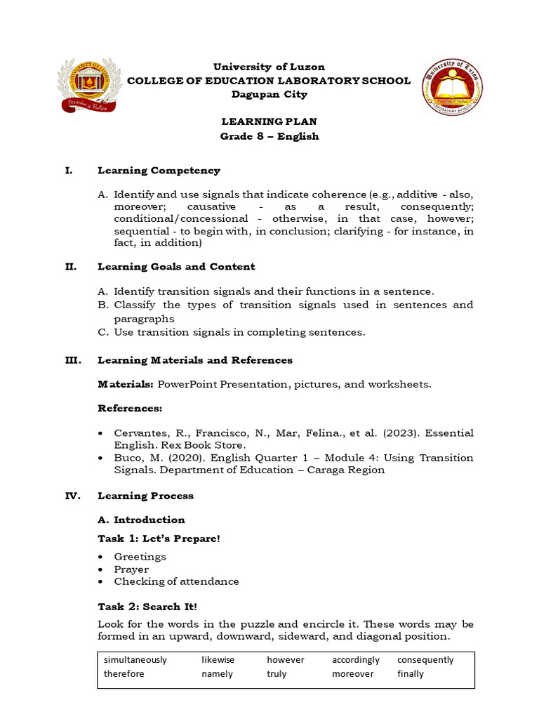 LP Eng 8 Transition Signals | PDF