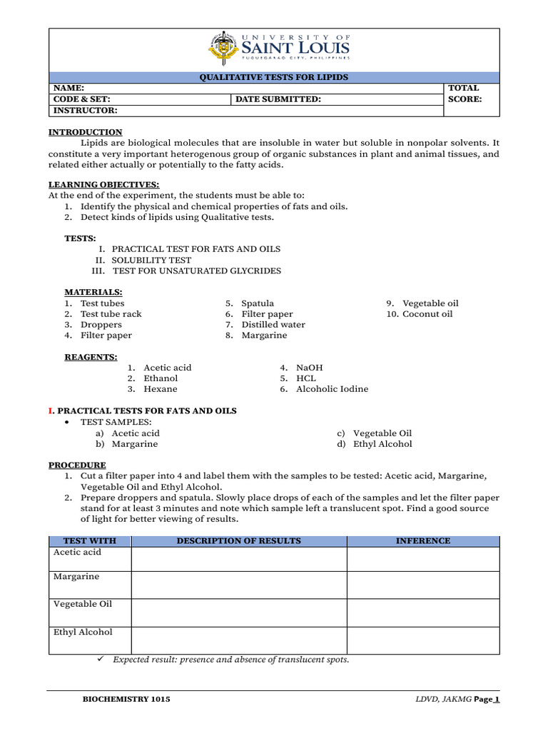 Qualitative Tests for Lipids in Biochemistry | PDF | Ethanol | Solubility
